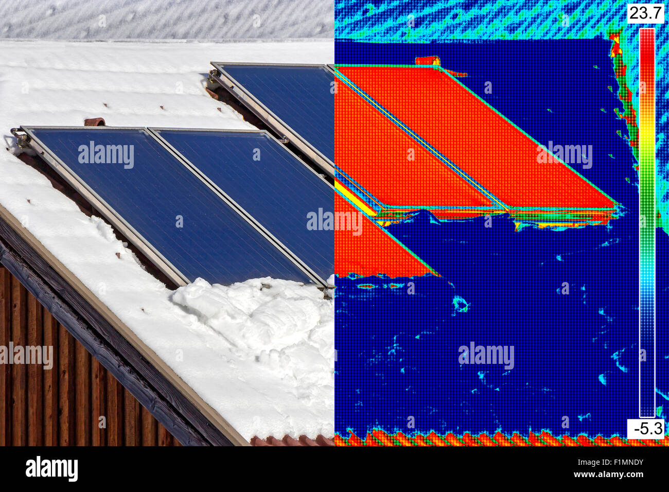 Infrared and real image of Photovoltaic Solar Panels on the roof House ...