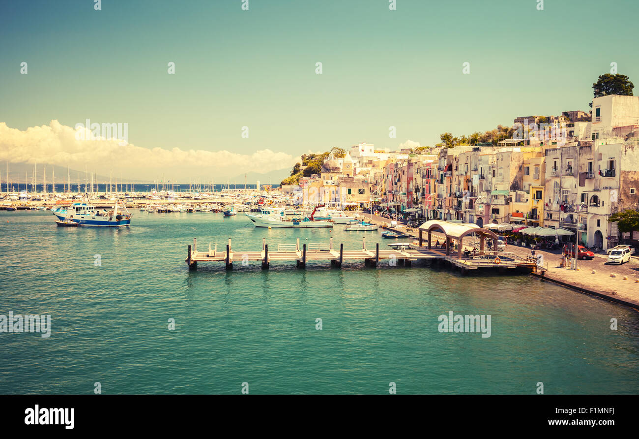 Small Italian town cityscape. Port of Procida island, Gulf of Naples ...