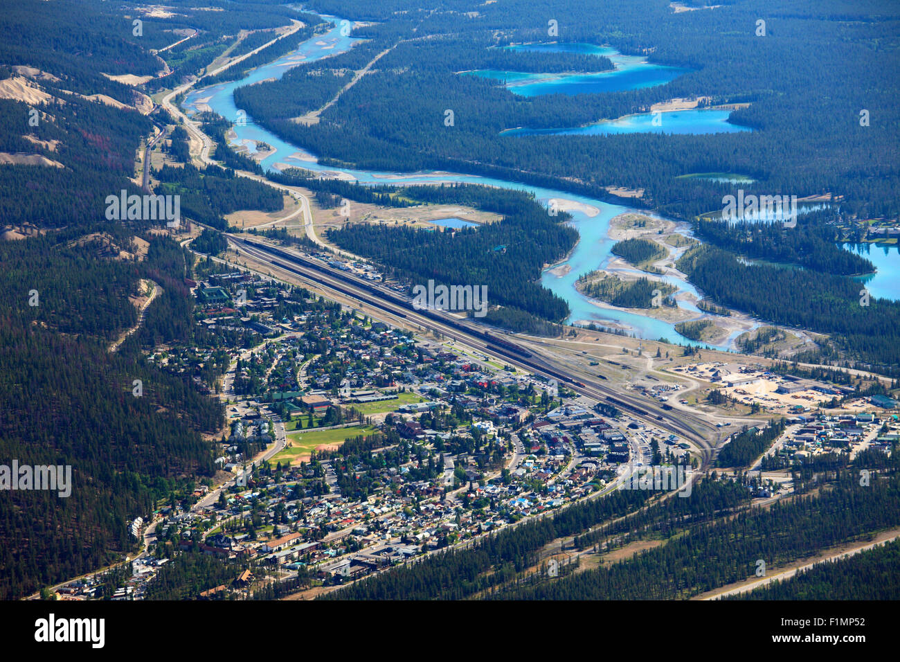 Canada, Alberta, Jasper National Park, Jasper Townsite, aerial view ...