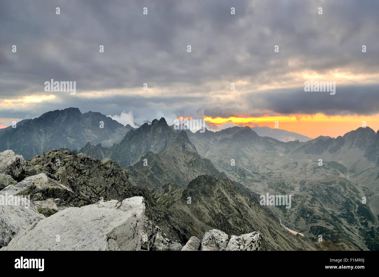 Mountain sunset landscape. Sunset in Slavkovsky Stit in High Tatra ...