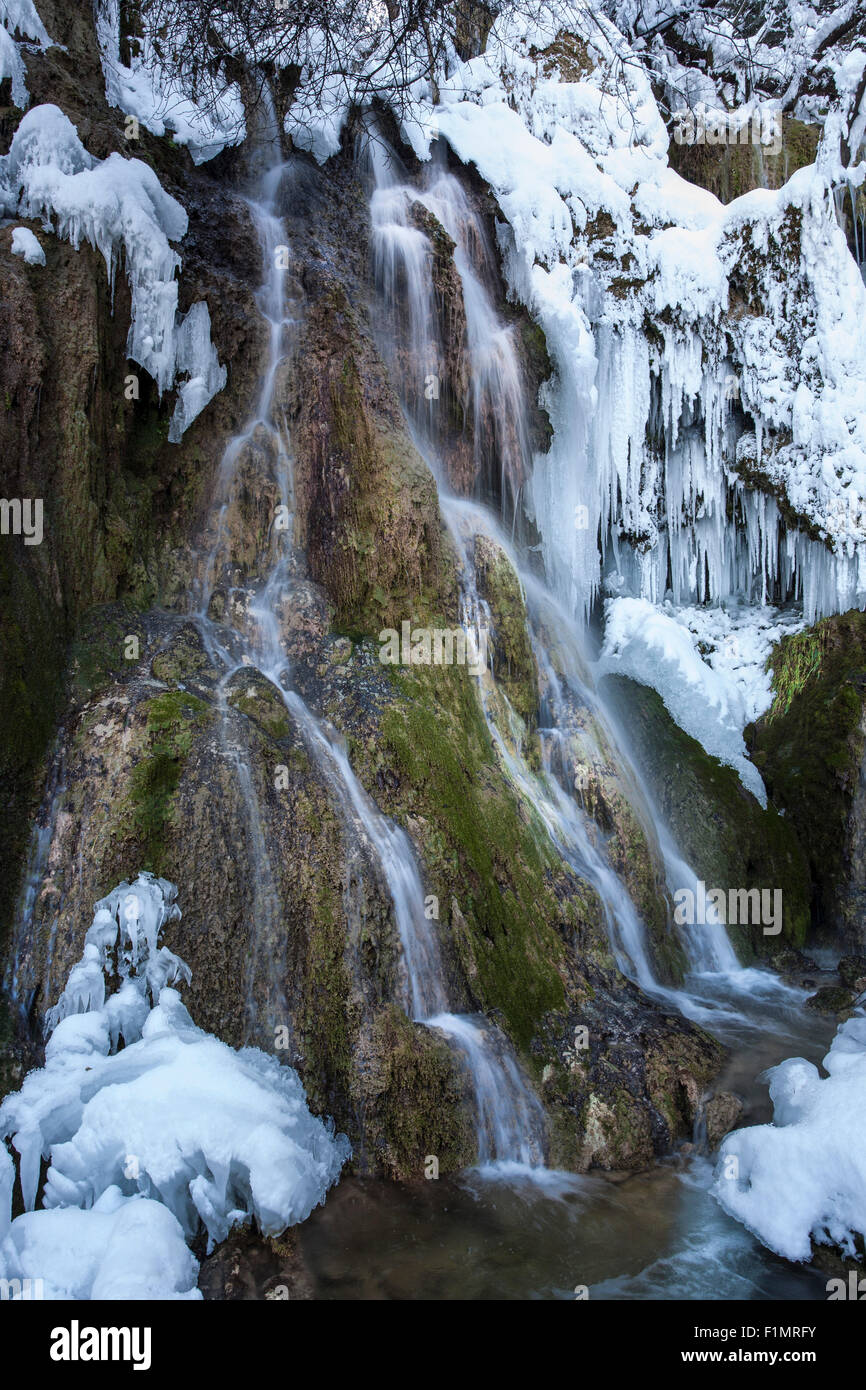 Frozen waterfall, Krushuna falls near town of Lovetch, Bulgaria ...