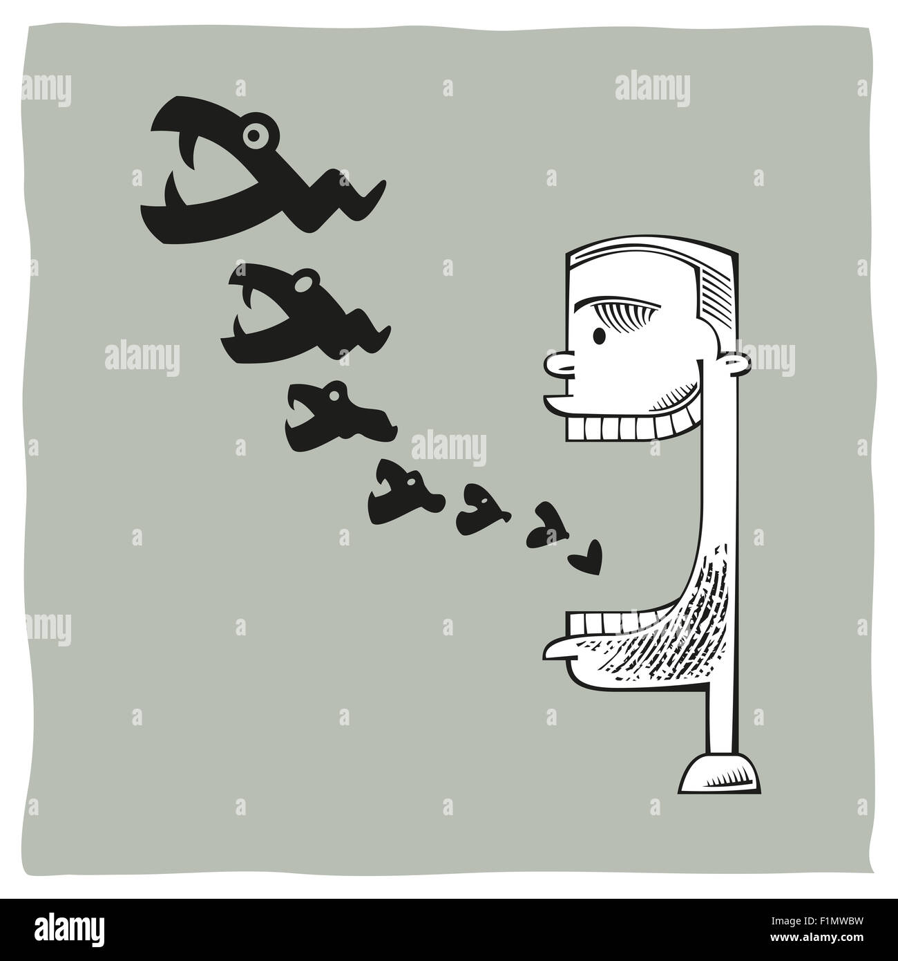 Head of kind and smiling hypocrite speaking with hearts flying out of ...