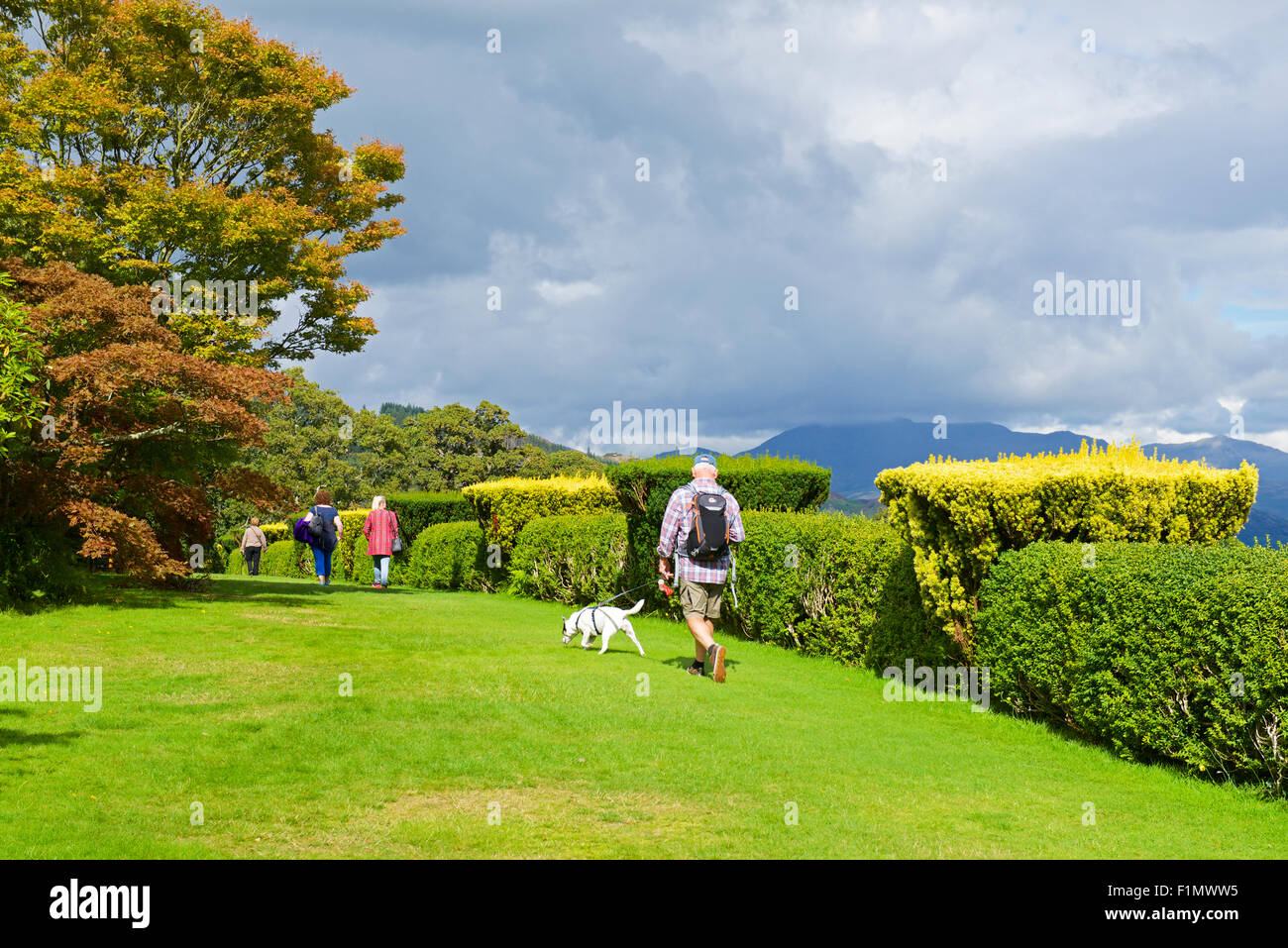 Visitors walking along the garden terrace, Muncaster Castle, West ...