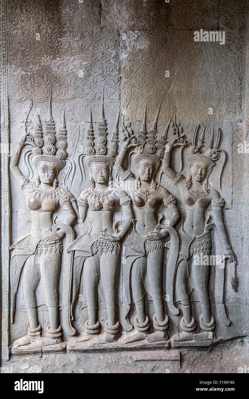 Female divinities in the north gallery XVI century. Cambodia Stock ...