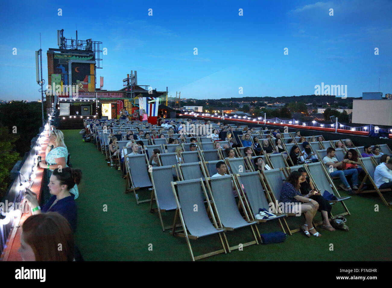 The open-air cinema on the roof of Peckham's Bussey Building. An ...