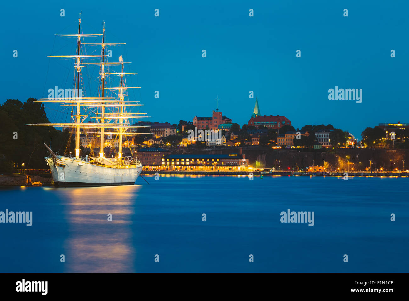 Embankment In Old Part Of Stockholm At Summer Evening, Sweden. White ...