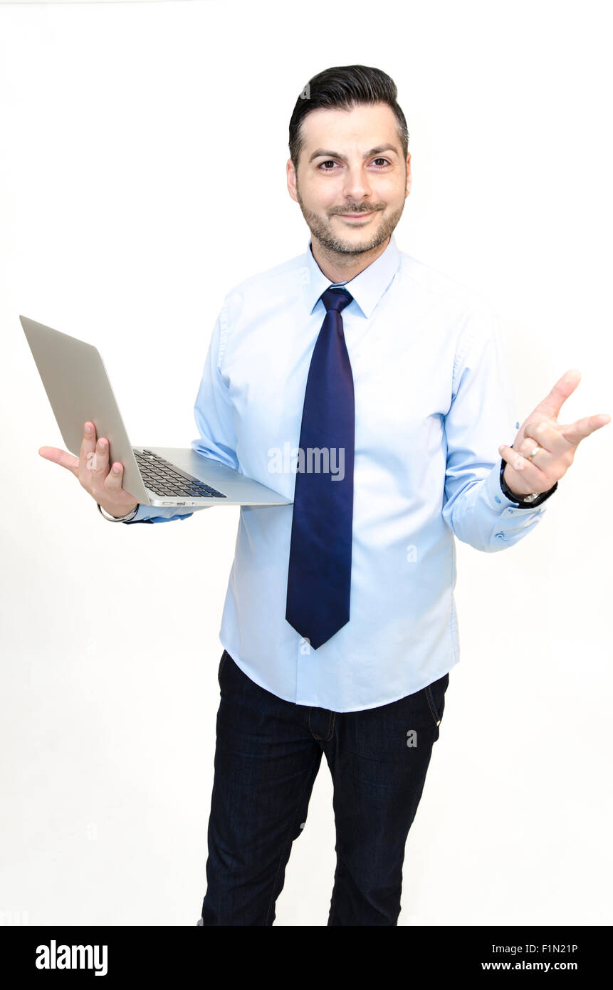 Business man holding a laptop isolated on white background Stock Photo ...