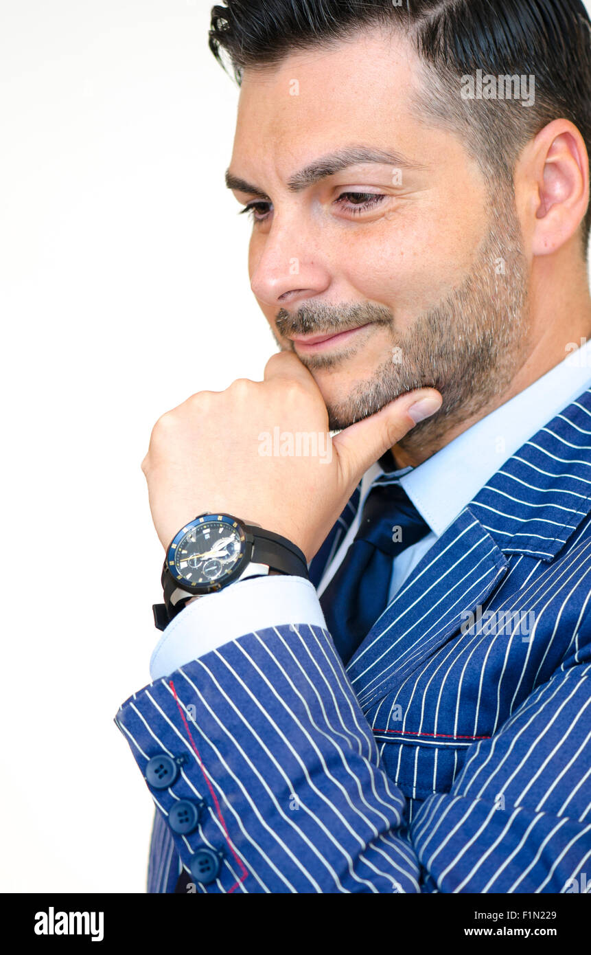 Trendy business man with modern watch isolated on white background ...
