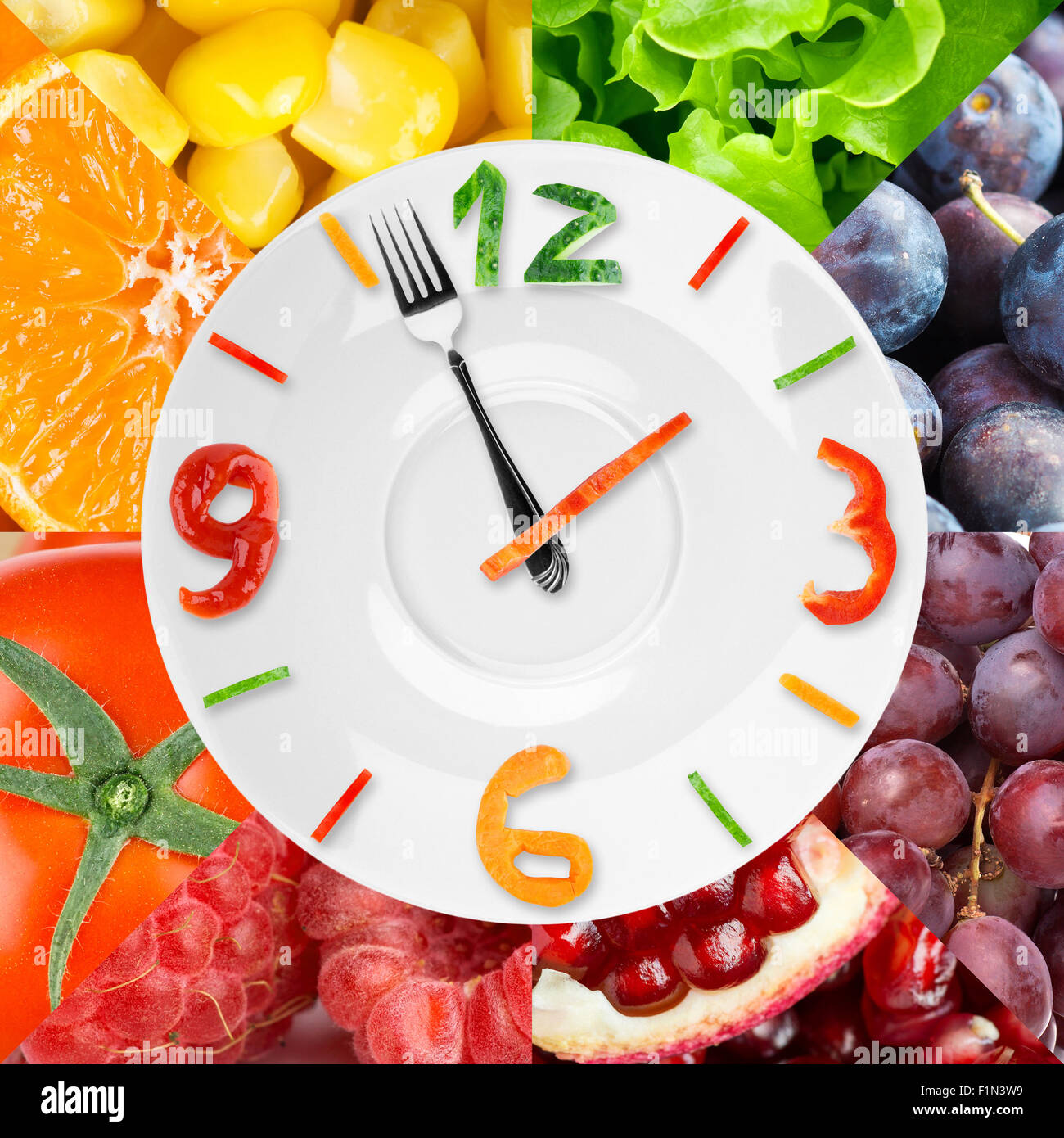 Food clock with vegetables and fruits as background. Healthy food ...
