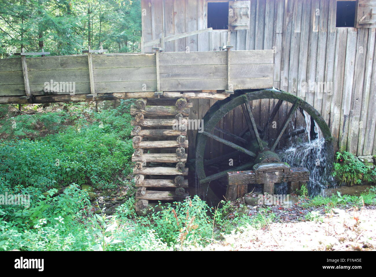 A vintage stone mill surrounded by a nature landscape with a mountain ...