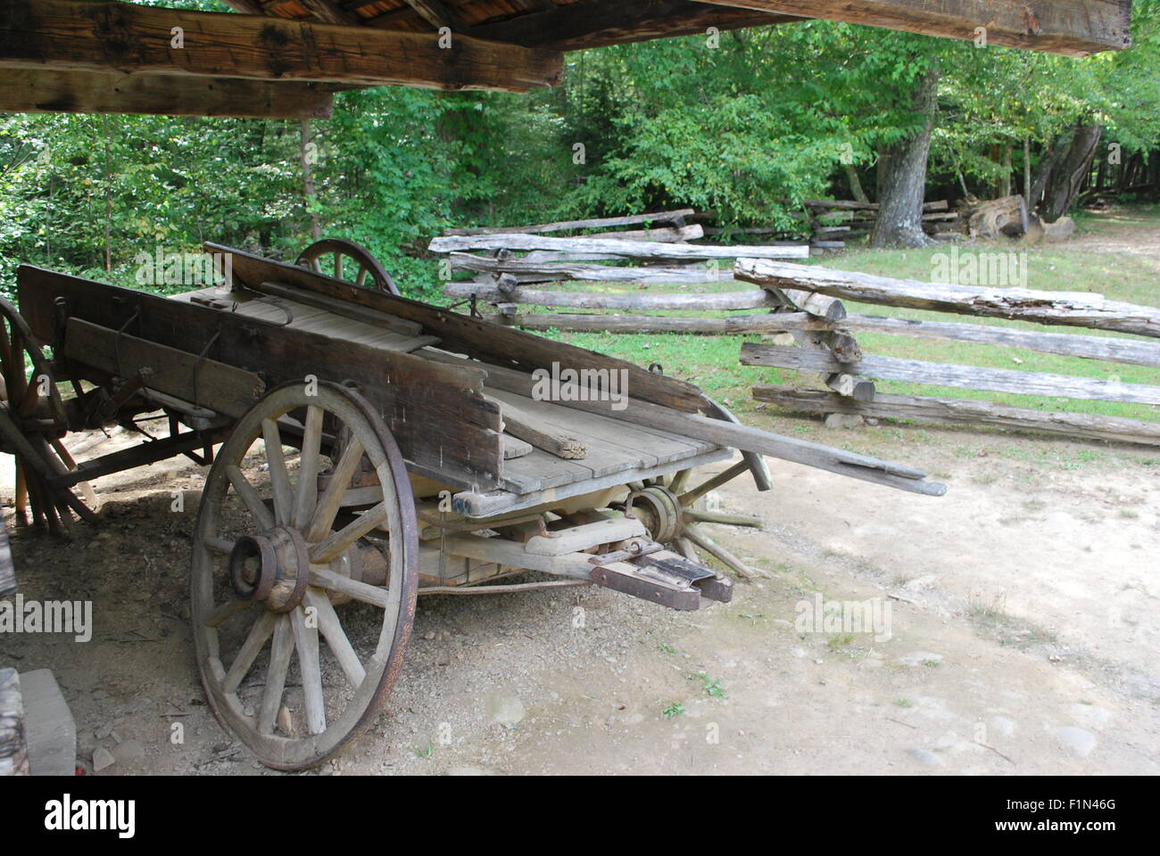 A vintage horse drawn wagon under a wooden barn with pine trees/nature ...