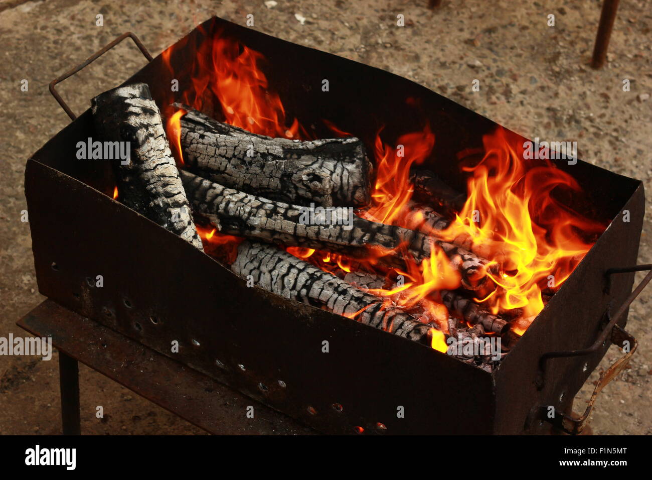 Burning fire and grill outdoor picnic. natural colors Stock Photo - Alamy