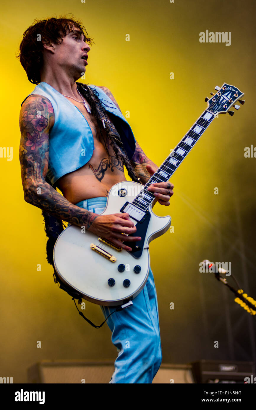 The Darkness rocking the crowds Live at Victorious Festival 2015 Stock ...