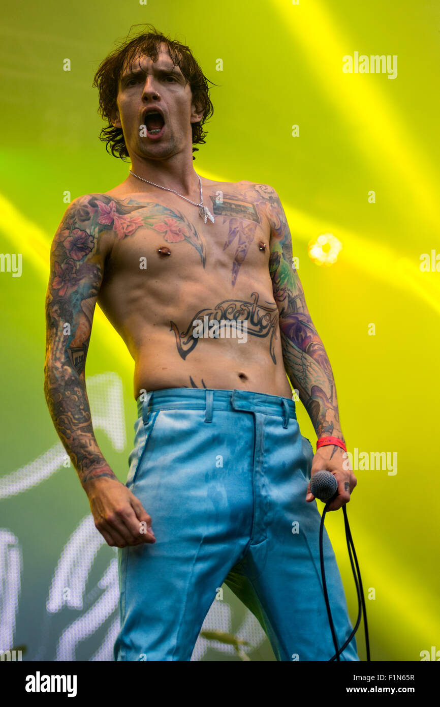 The Darkness rocking the crowds Live at Victorious Festival 2015 Stock ...