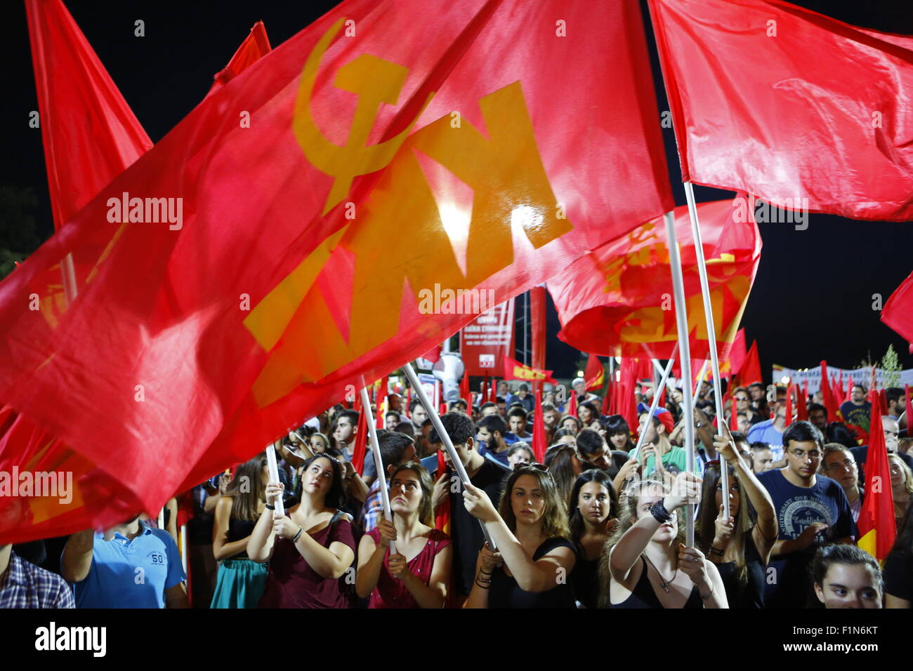 Athens, Greece. 04th Sep, 2015. Young KNE supporters wave KKE flags ...
