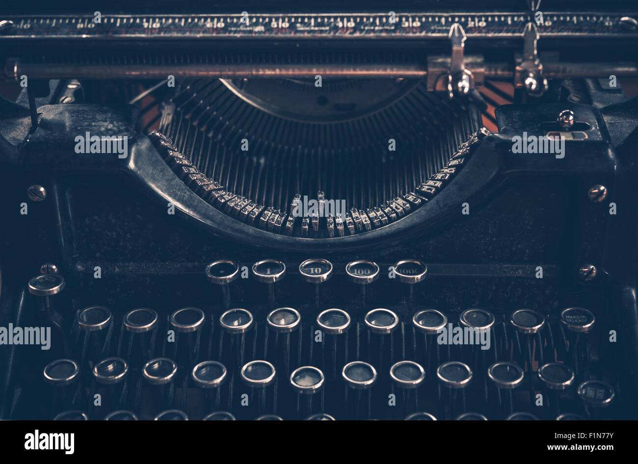 Aged Retro Typewriter in Dark Blue Color Grading. Typewriter Front View ...