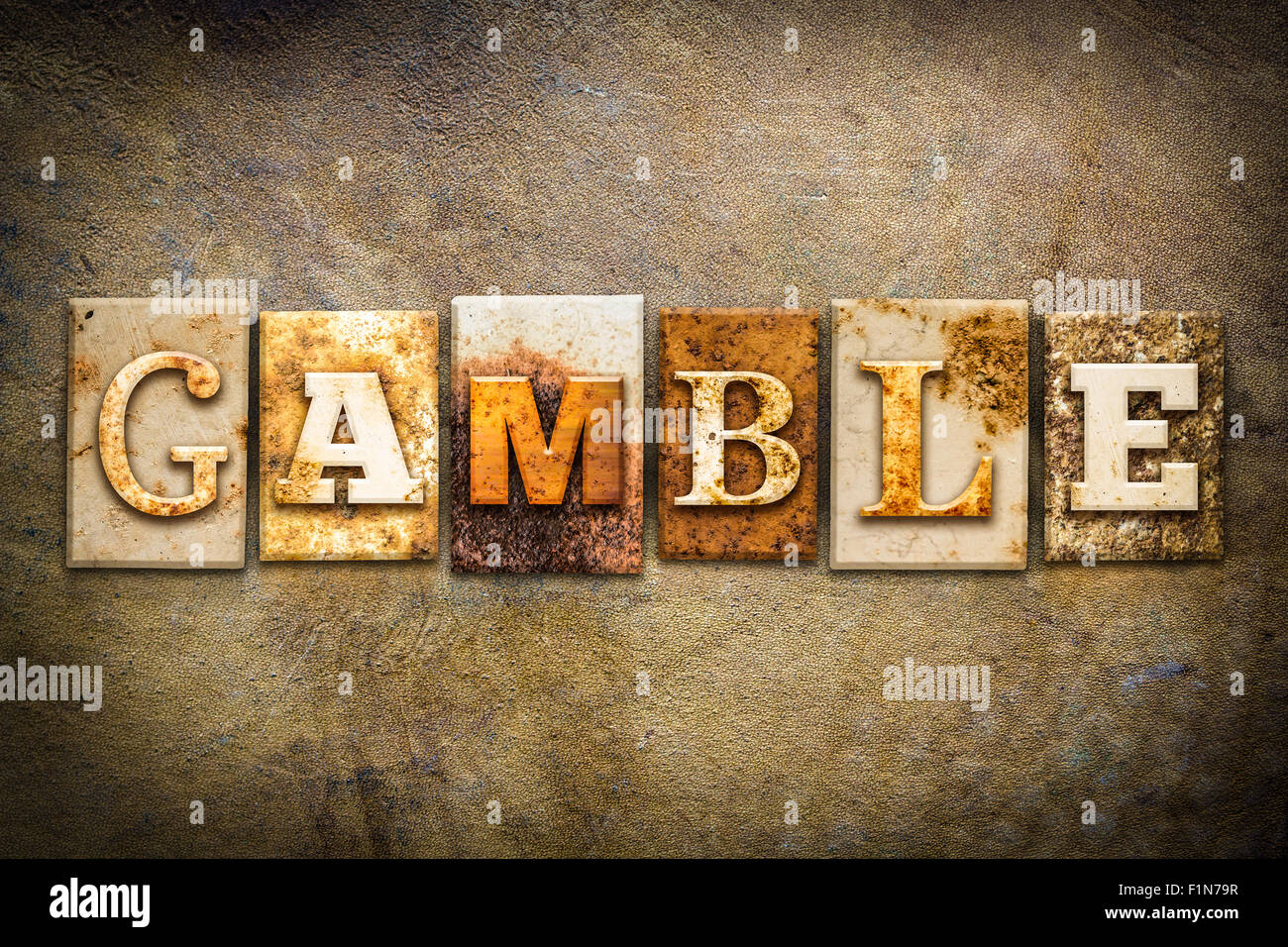 The word "GAMBLE" written in rusty metal letterpress type on an old ...