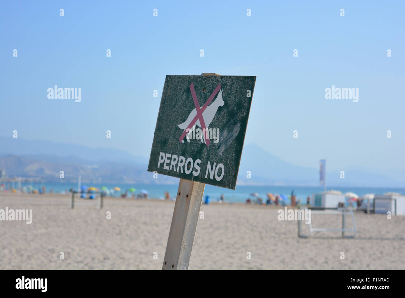 No Dogs, sign on beach in Spanish, Perros No Stock Photo - Alamy