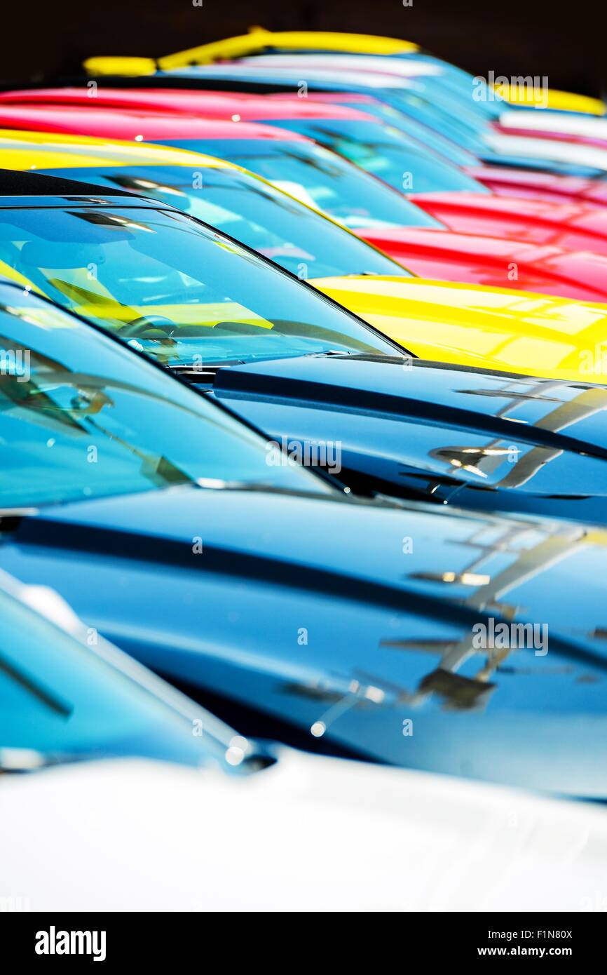 New Vehicles Stock. Colorful Cars Row. Cars Market Stock Photo - Alamy