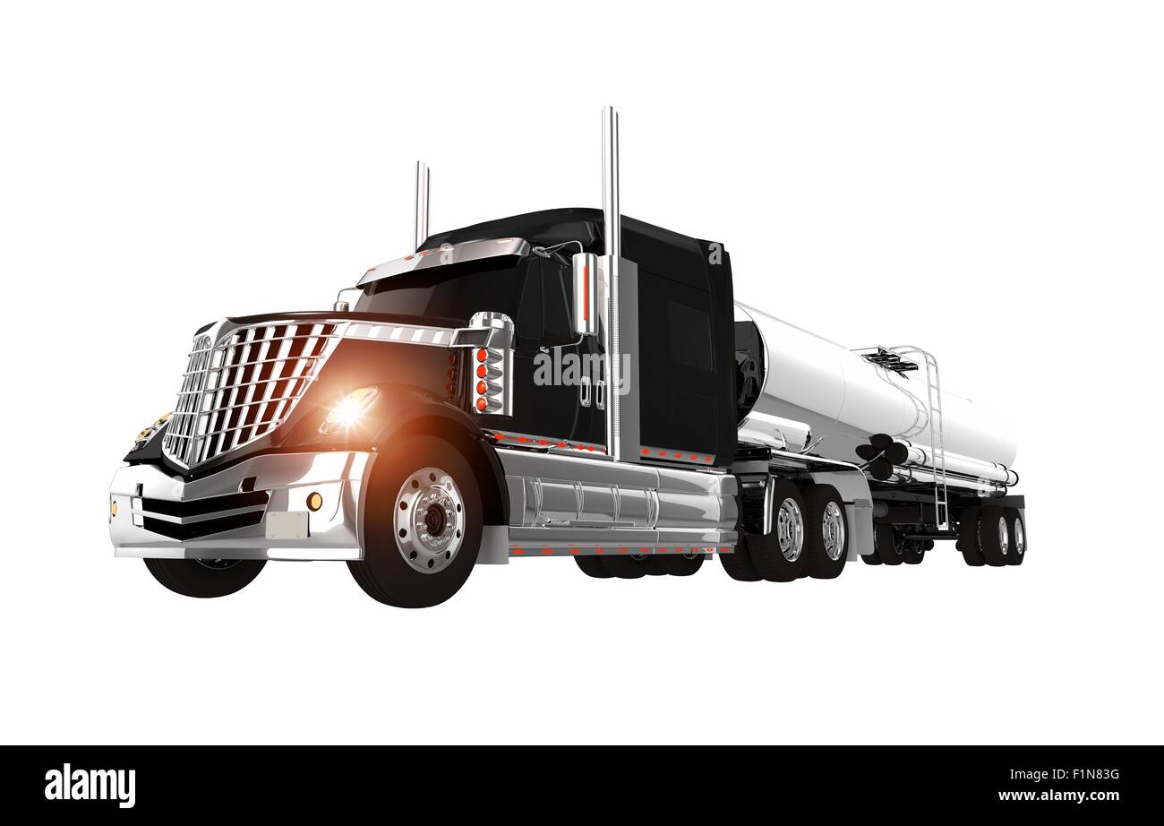 Black and Chromed Tanker Semi Truck Isolated on White. 3D Semi Truck ...