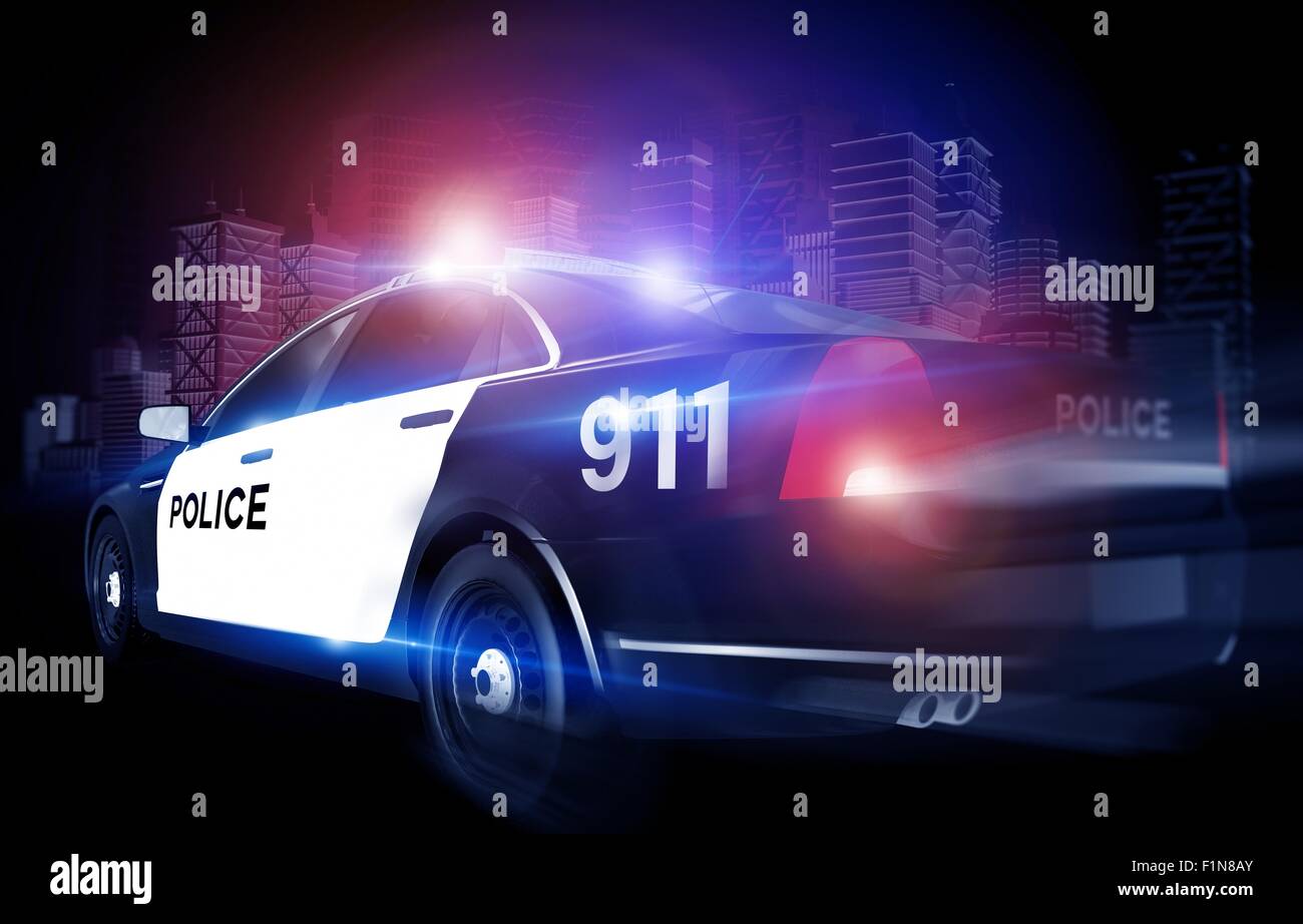 Police Cruiser in Rush with City Skyline in the Background. Flashing ...