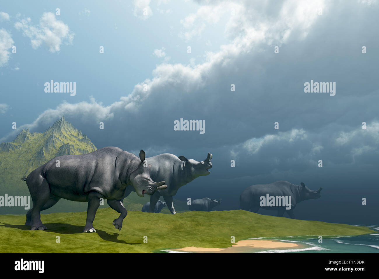 A herd of Brontotherium come down to a lake for a drink in the Early ...