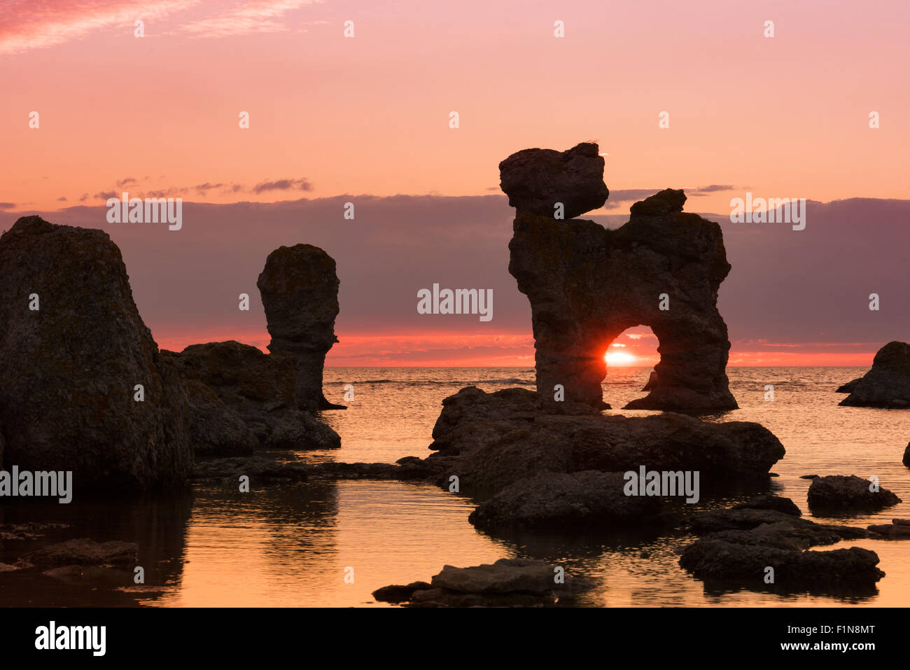 The famous limestone rocks on the island Fårö, Sweden, at sunset Stock ...