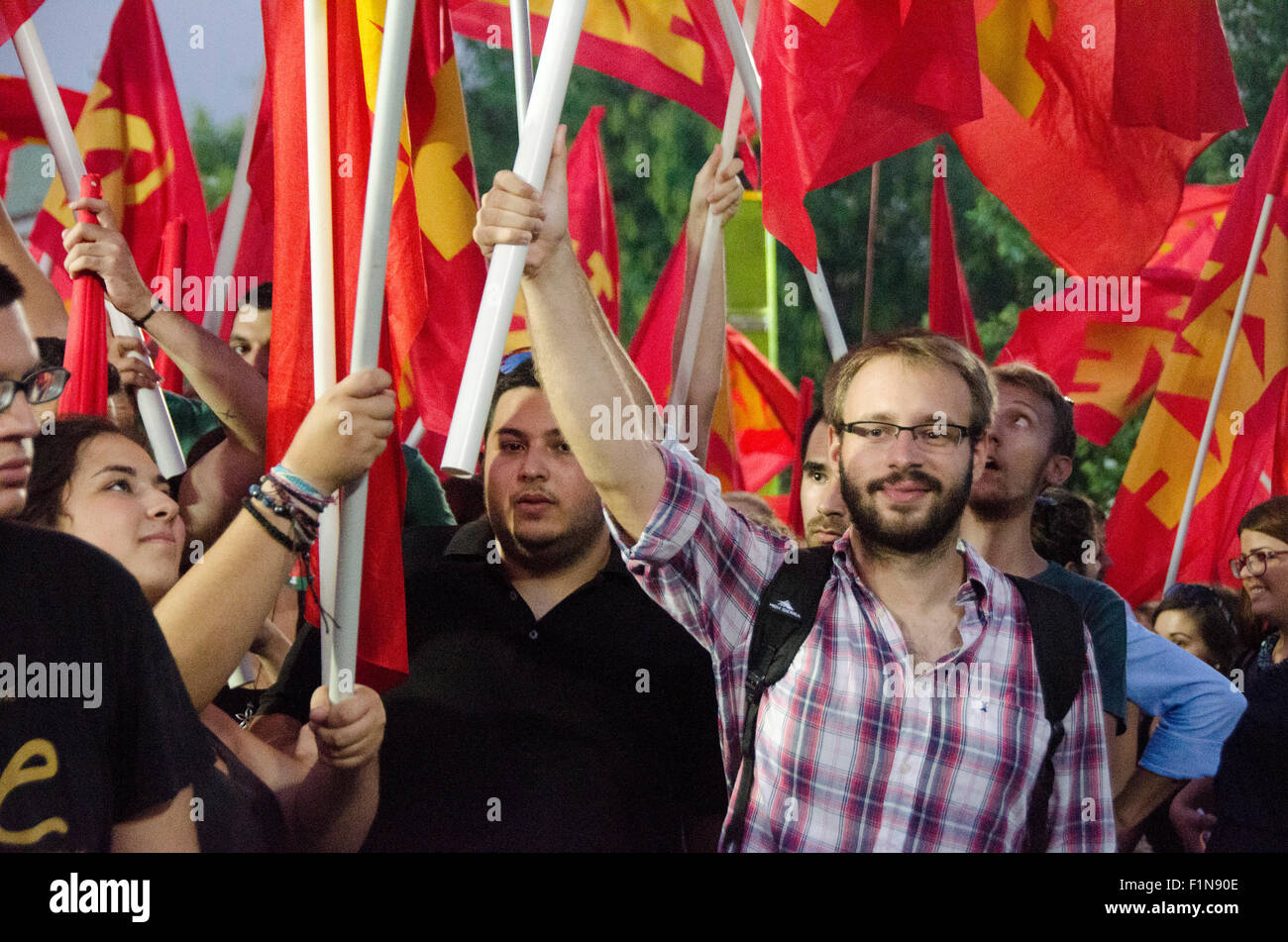 Athens, Greece. 04th Sep, 2015. KKE supporters wave red flags in the ...