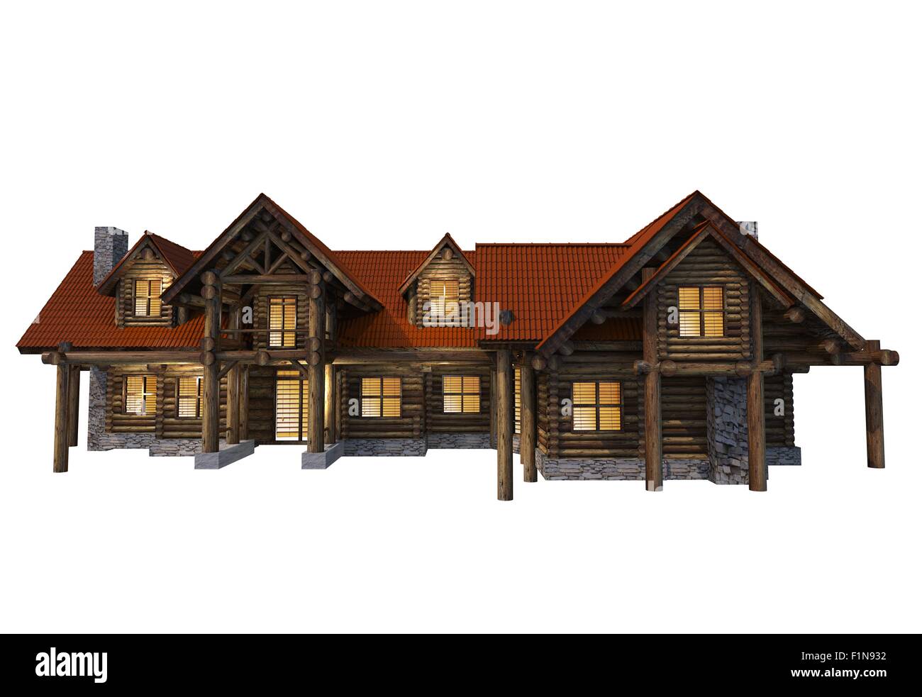 Front of Large Log House Isolated on White. 3D Log Home Render ...