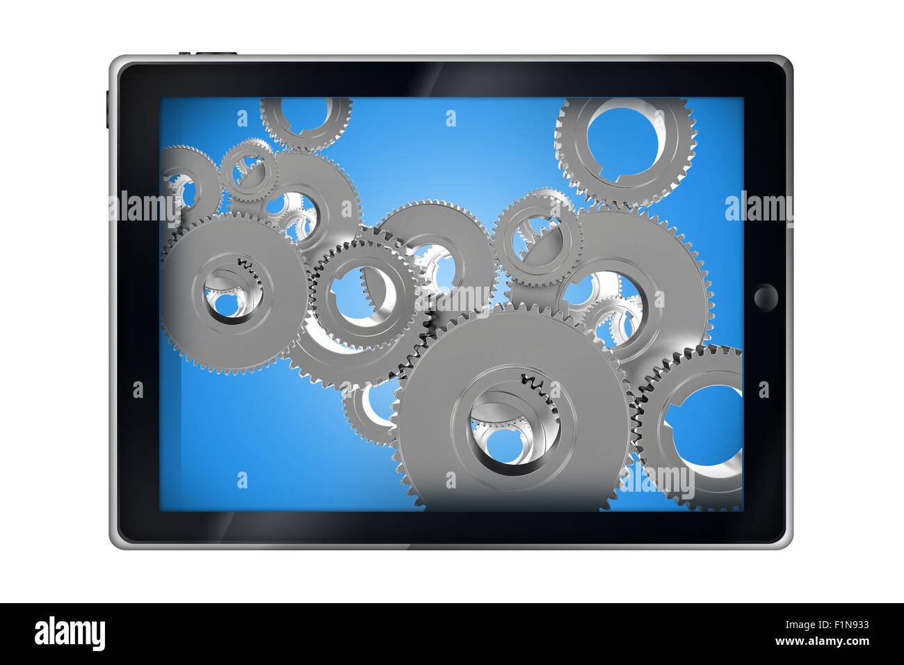 Mobile Applications Concept. Tablet Computer with Cog Wheels 3D Render ...