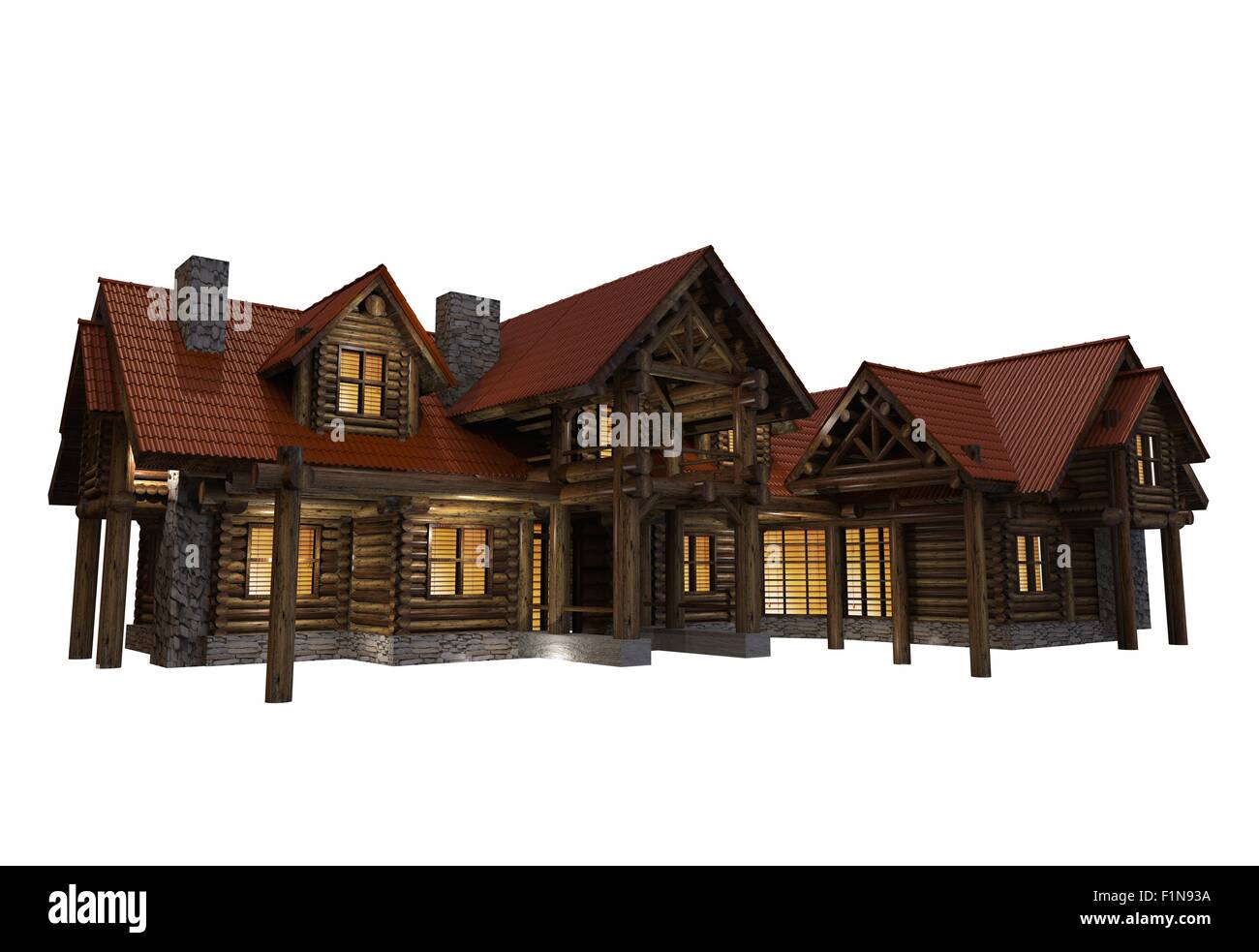 3D Log Home Illustration Isolated on White Background. Large Luxury Log ...