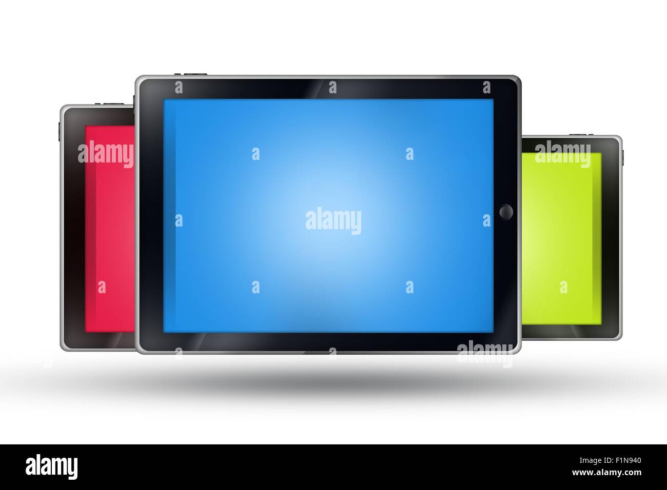 Three Tablets Isolated on White. Blue, Red and Green Displays. Mobile ...