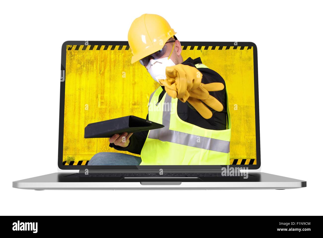 Contractor Coming Out of Computer Screen Pointing on You. Construction ...