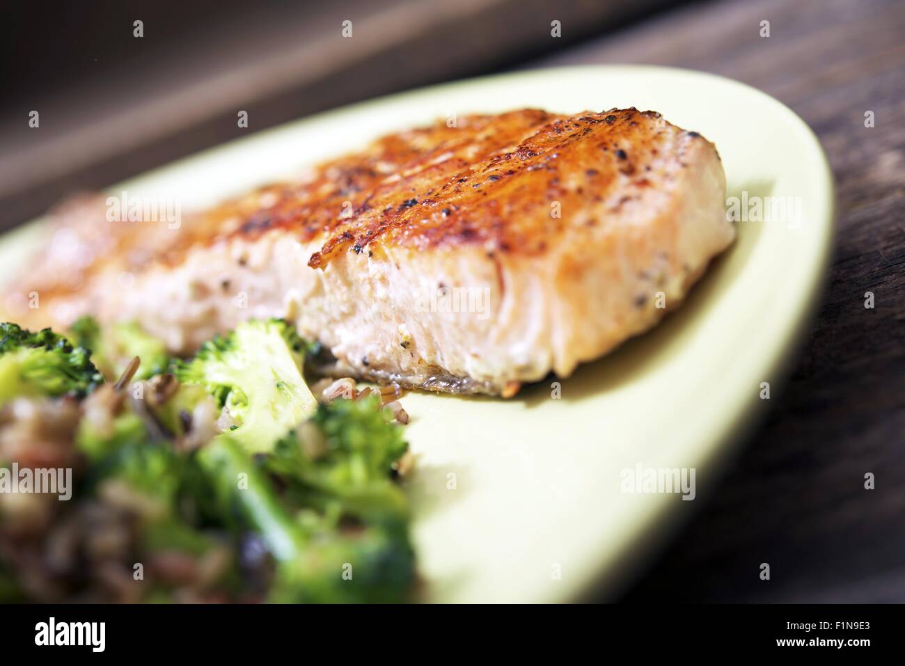 Tasty Grilled Wild Caught Salmon, Wild Rice and Broccoli Dinner Closeup ...