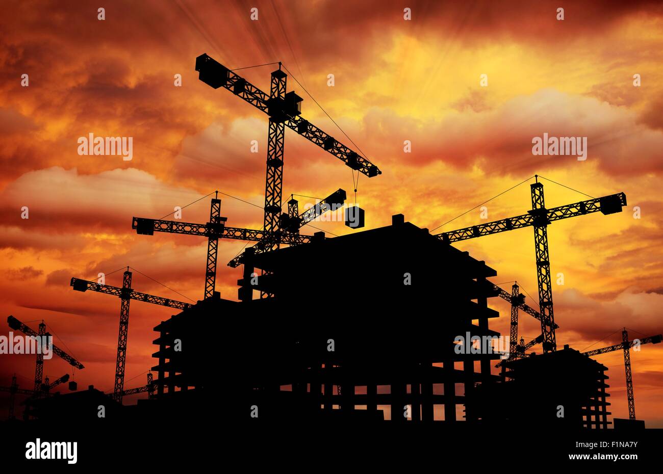 Construction Sunset Theme. Construction Cranes and Building Silhouette ...