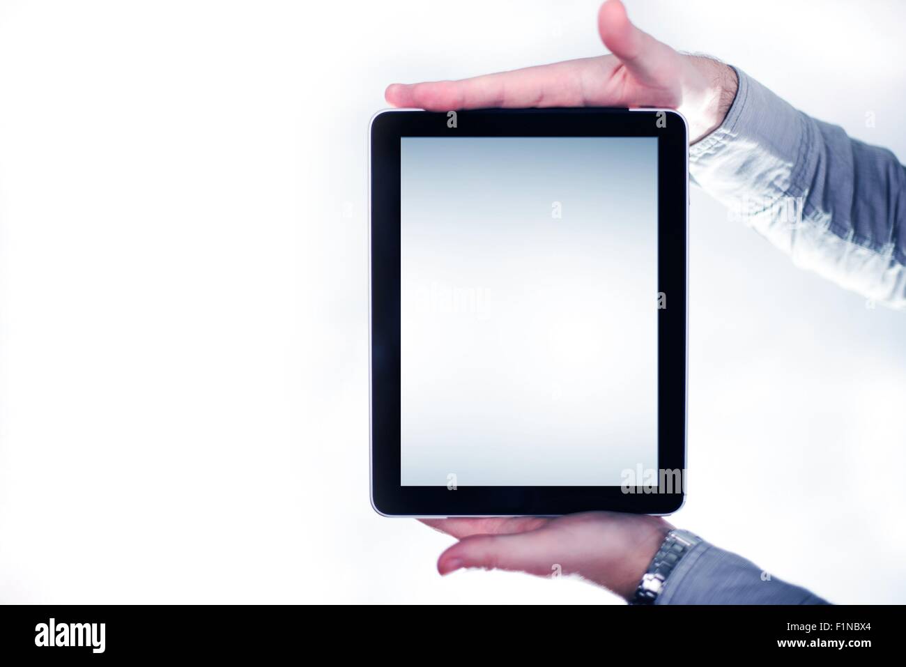 Tablet in Hands ( Male Hands ) in Vertical Position - White Background ...