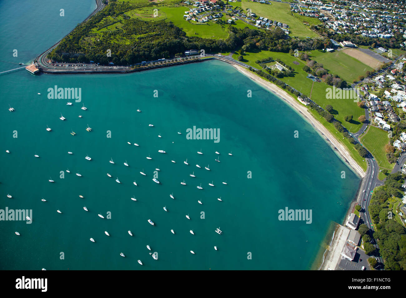 Yachts at Okahu Bay, and Bastion Point, Auckland, North Island, New Zealand - aerial Stock Photo ...