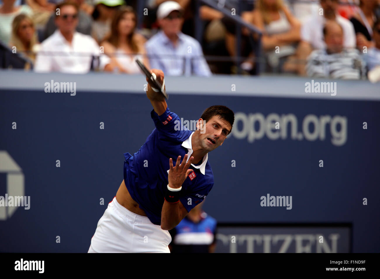 New York, USA. 4th September, 2015. Novak Djokovic serving during his ...