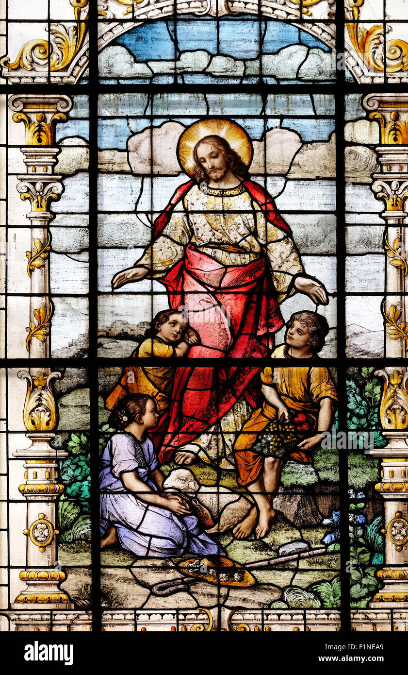 Jesus friend of the children, stained glass window in the Basilica of ...
