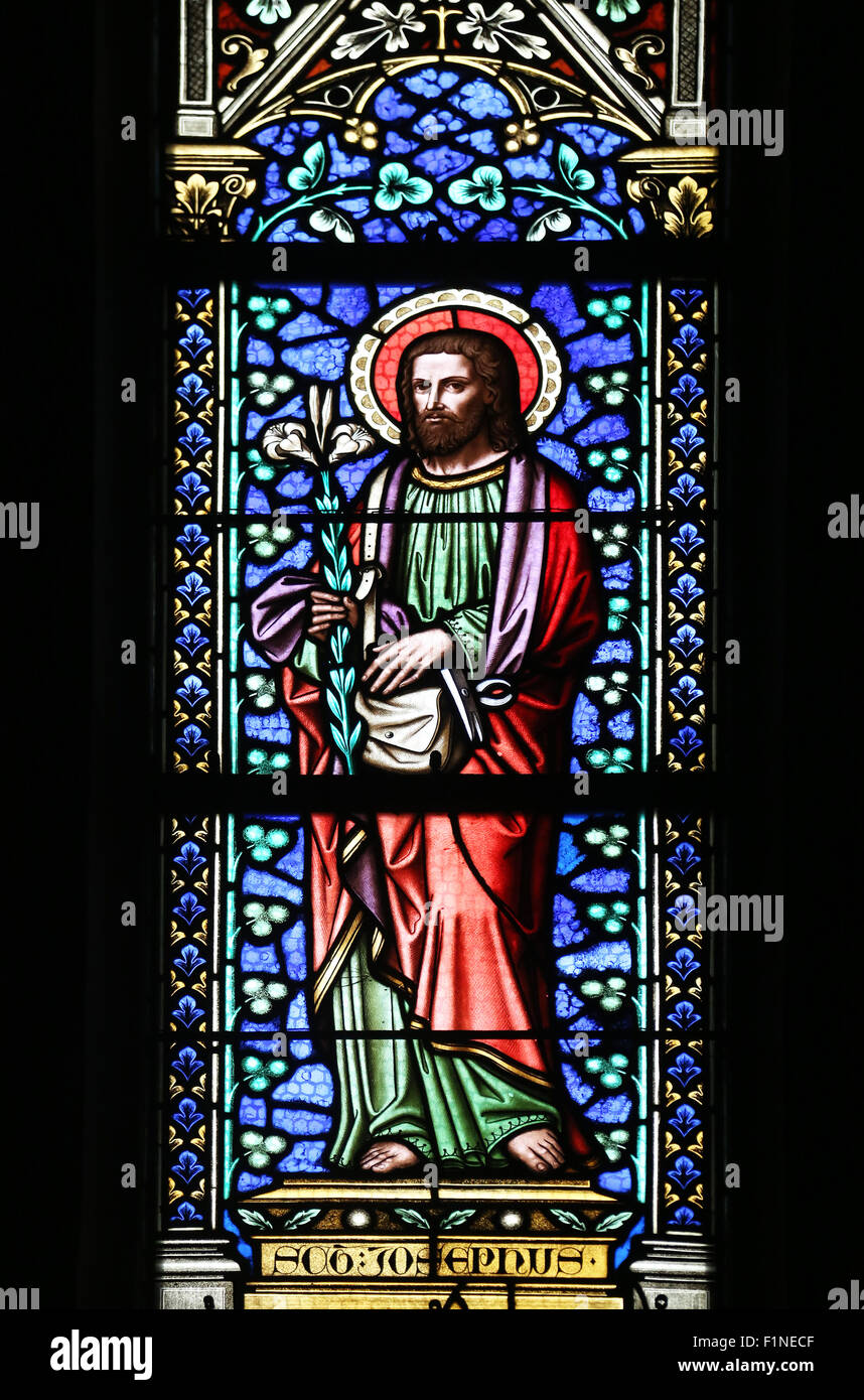 Saint Joseph, stained glass window in parish church of Saint Mark in ...