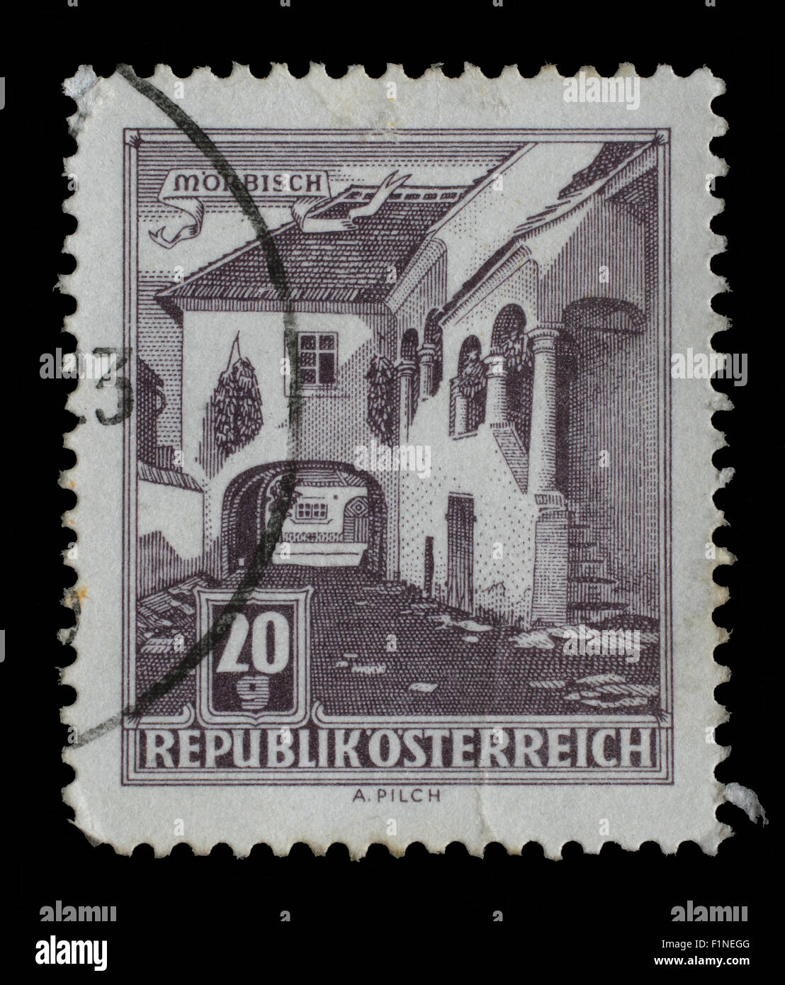 Stamp printed in Austria shows Old Courtyard, Morbisch, circa 1957 ...