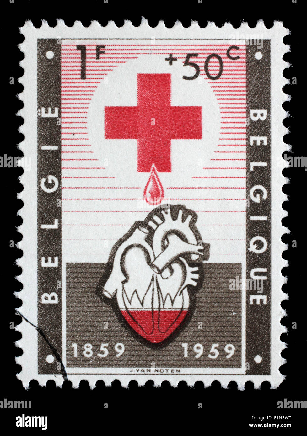 Canceled postage stamp from Belgium illustrating Red Cross, issued in ...