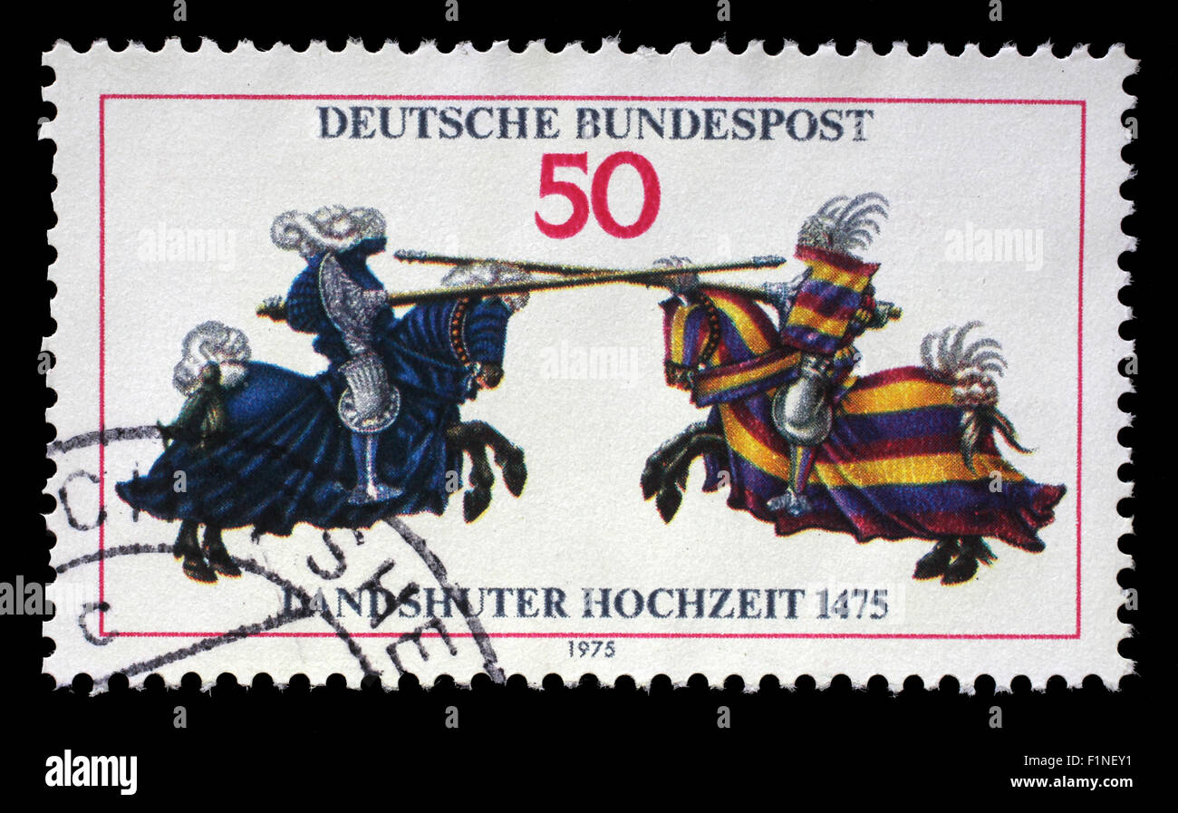 Stamp printed in the Germany shows Joust, from Jousting Book of William ...