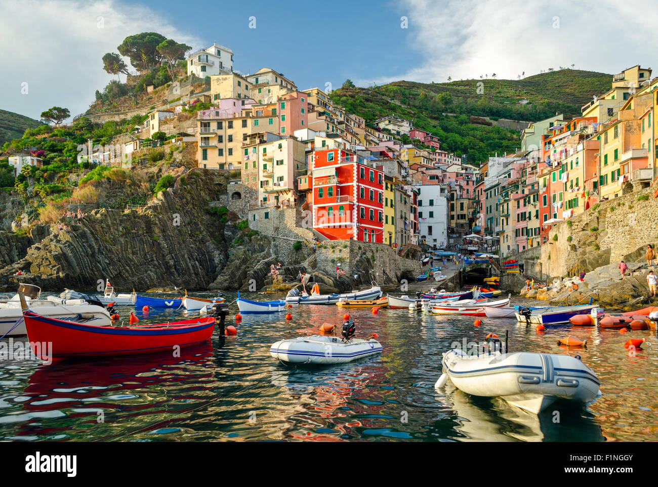 Riomaggiore, Cinque Terre (Italian Riviera, Liguria) at sunset Stock ...