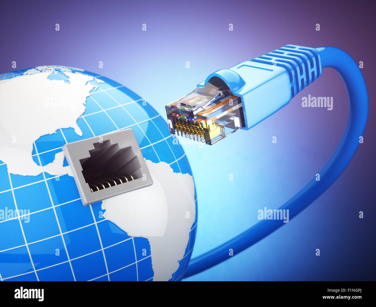 Internet global comunication concept. Earth and ethernet cable on blue ...