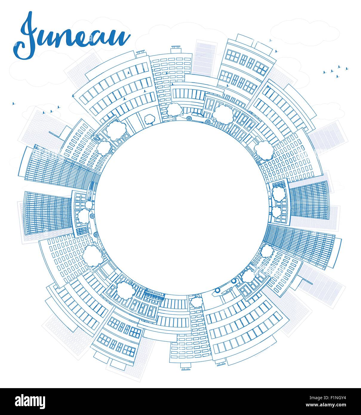 Outline Juneau (Alaska) Skyline with Blue Building and copy space ...