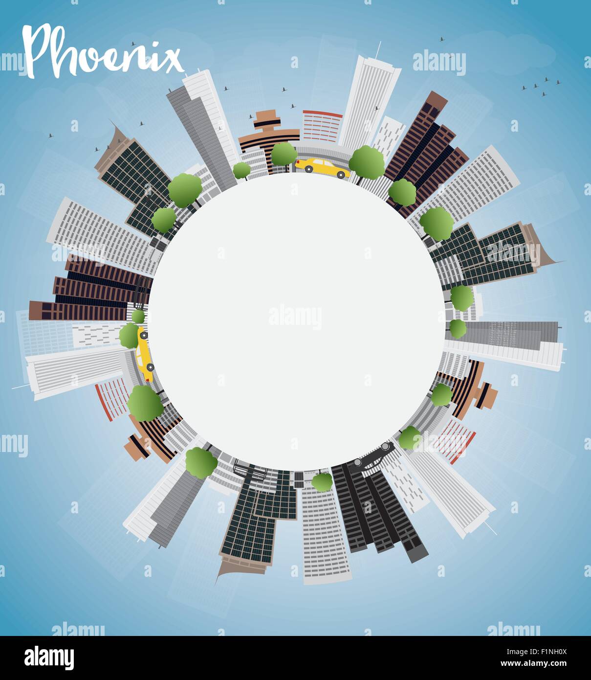 Phoenix Skyline with Grey Buildings, Blue Sky and copy space. Vector ...