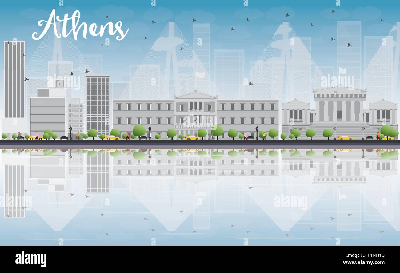 Athens Skyline with Grey Buildings, Blue Sky and reflections. Vector ...