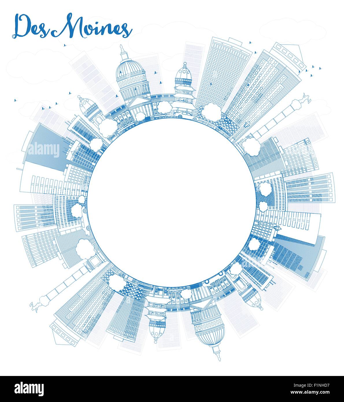 Outline Des Moines Skyline with Blue Buildings and copy space. Vector ...