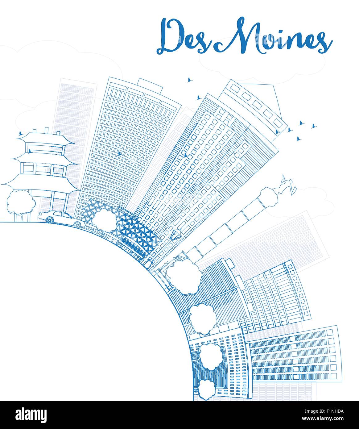 Outline Des Moines Skyline with Blue Buildings and copy space. Vector ...